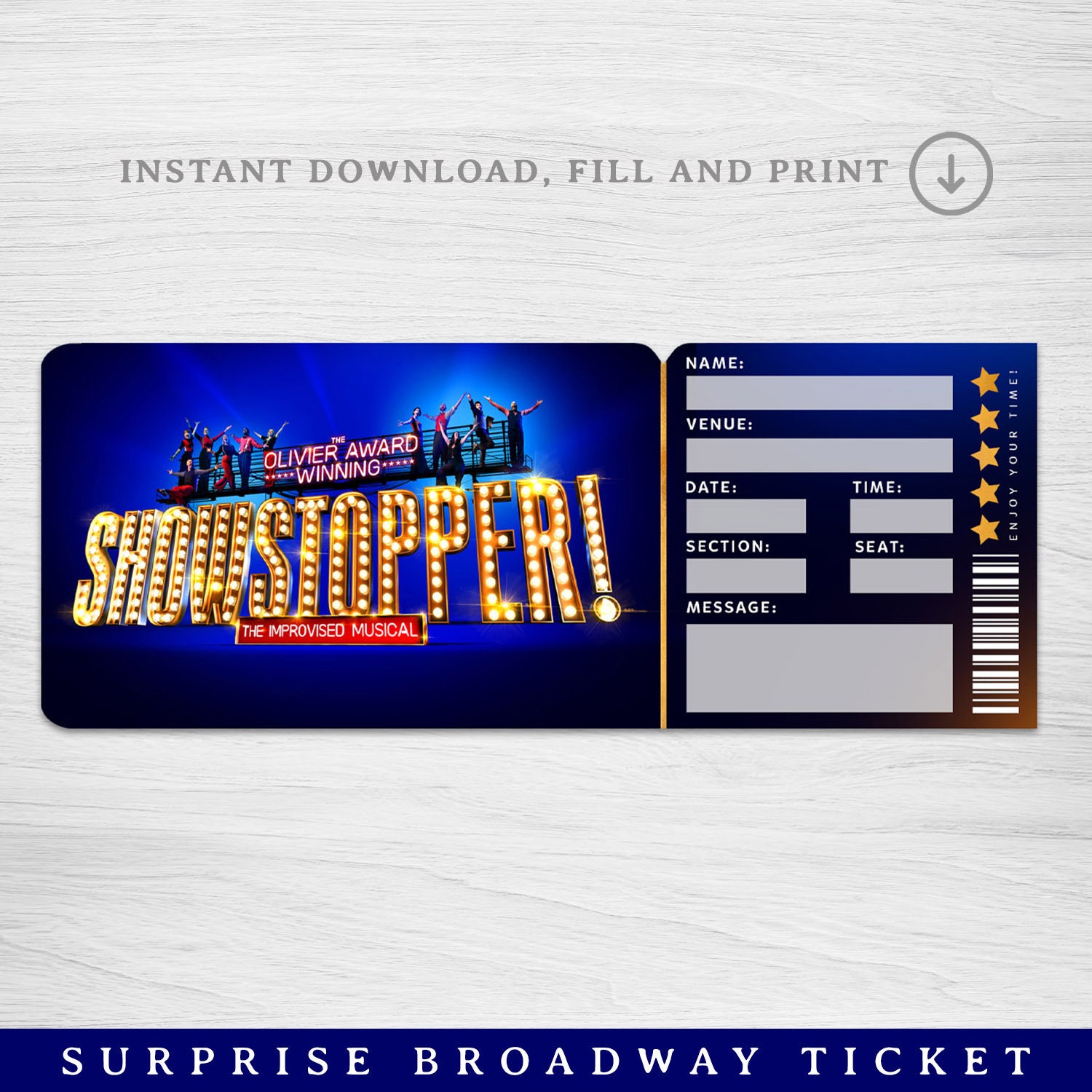 Printable Showstopper Broadway Surprise Ticket︱musical Theatre Ticket ...