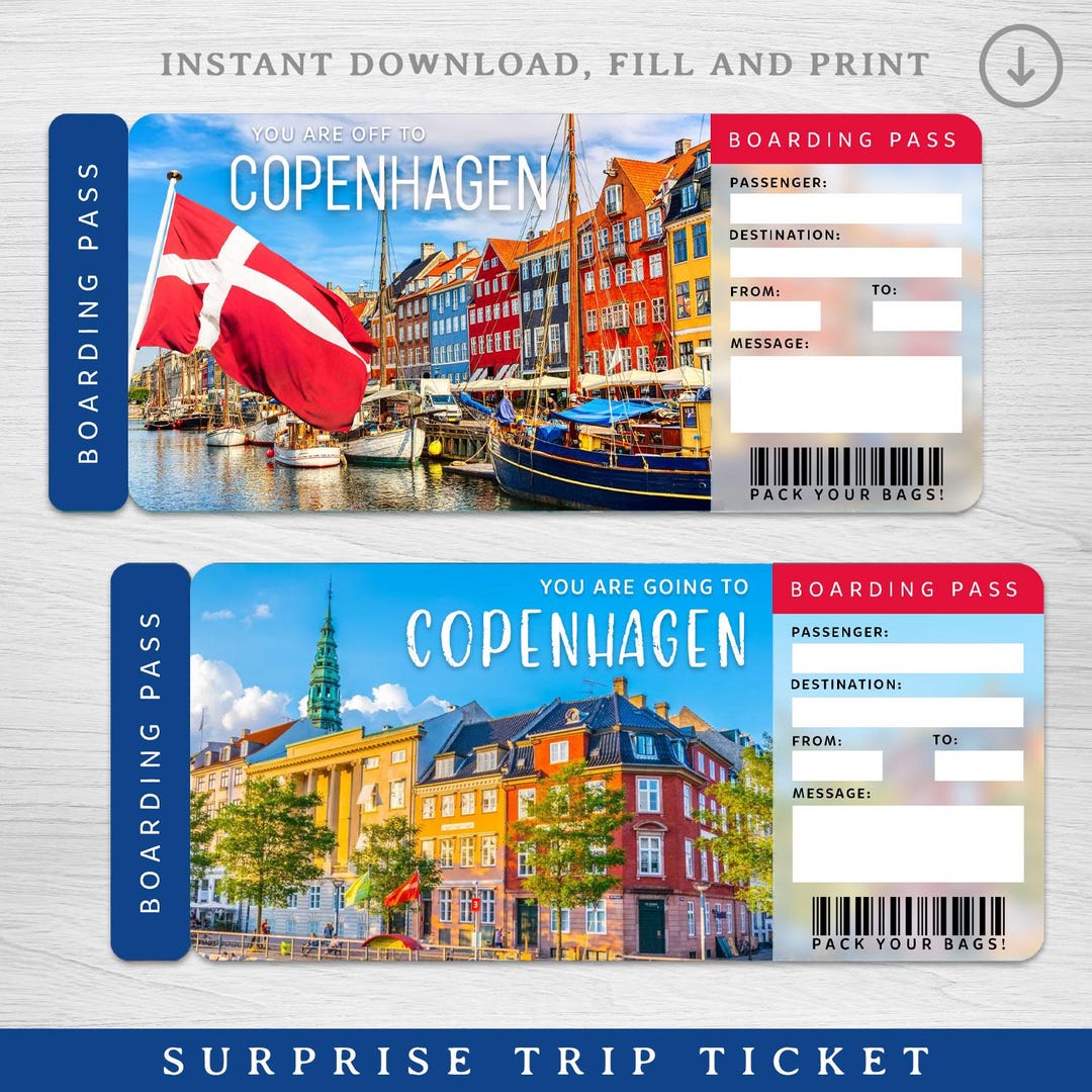 Digital COPENHAGEN Surprise Trip Ticket, DENMARK Printable Boarding ...