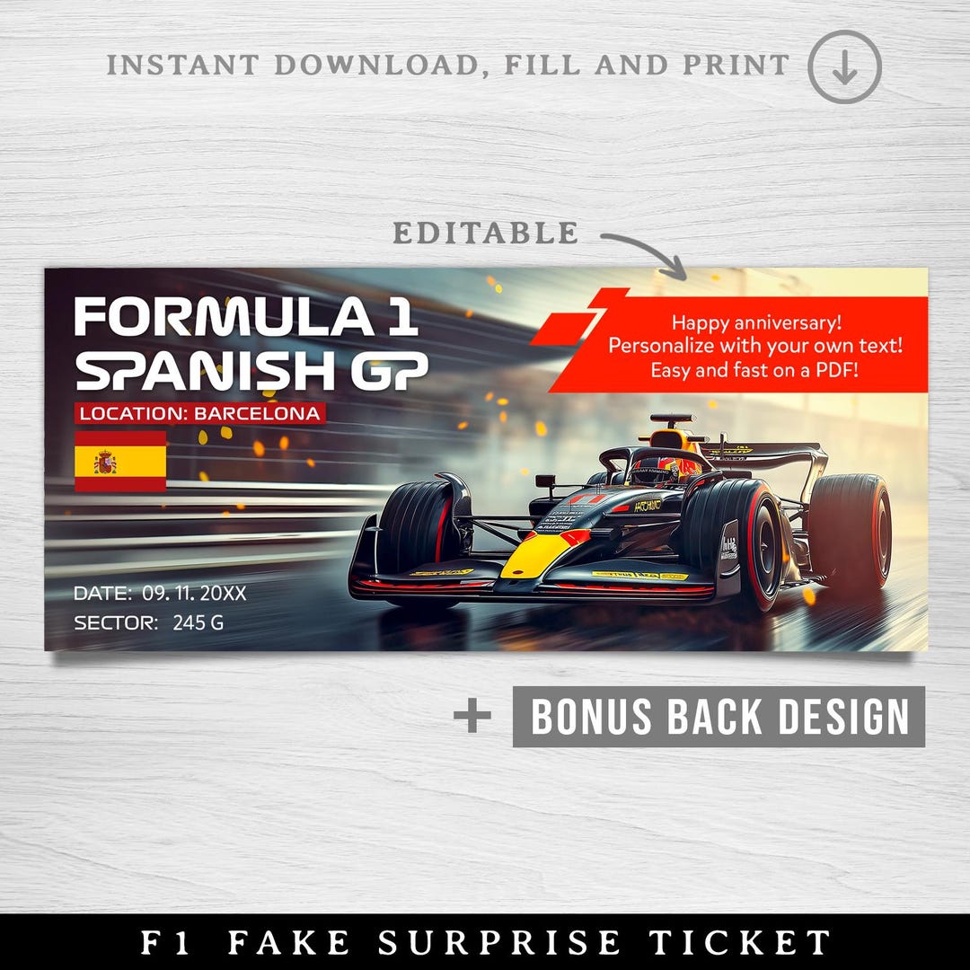 Printable Formula 1 Ticket, Spanish GP Faux Ticket, Editable F1 Spain ...