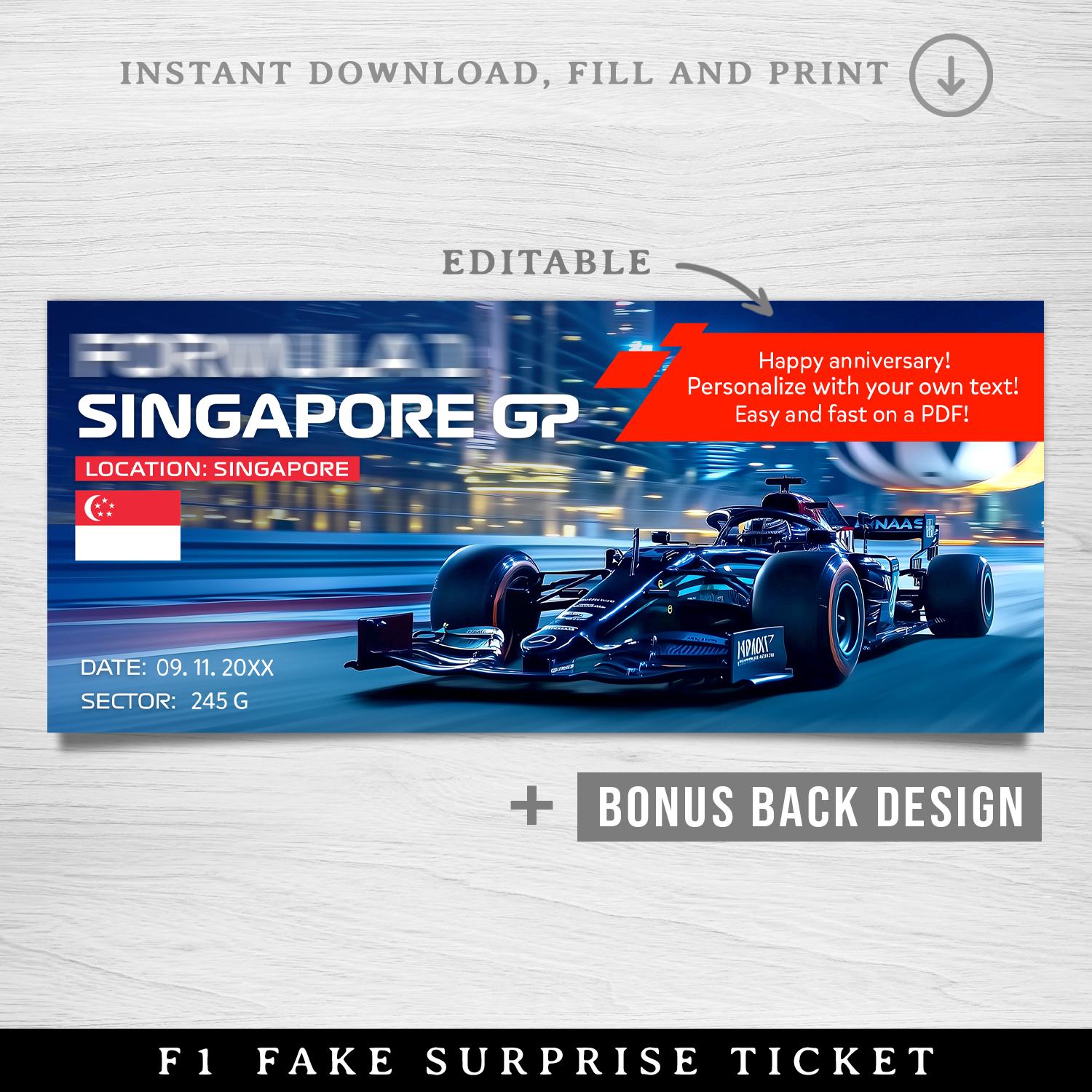 Printable Formula Ticket, Singapore GP Faux Ticket, Editable Race ...