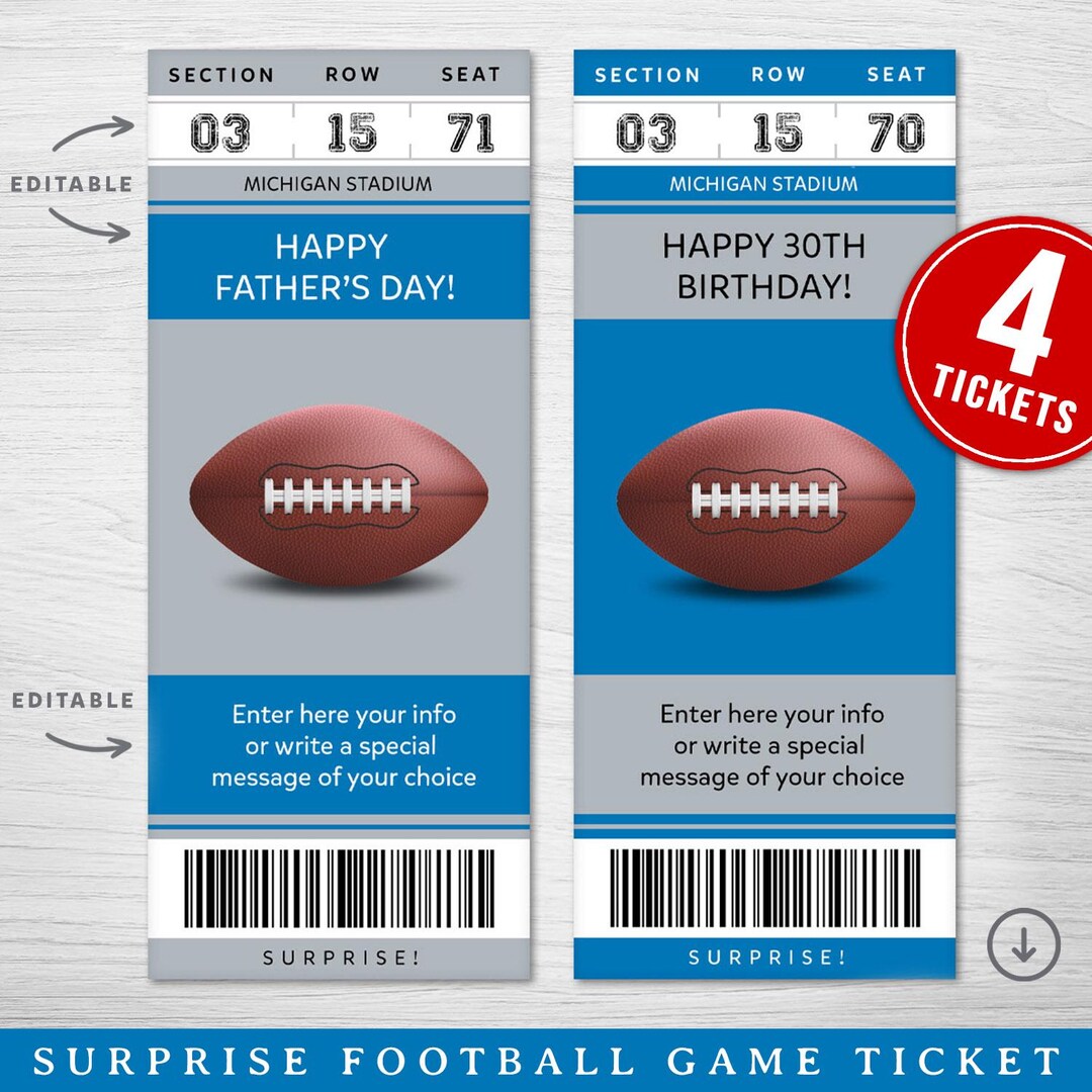 Printable Detroit Game Surprise Gift Ticket | Football Reveal Ticket - Etsy