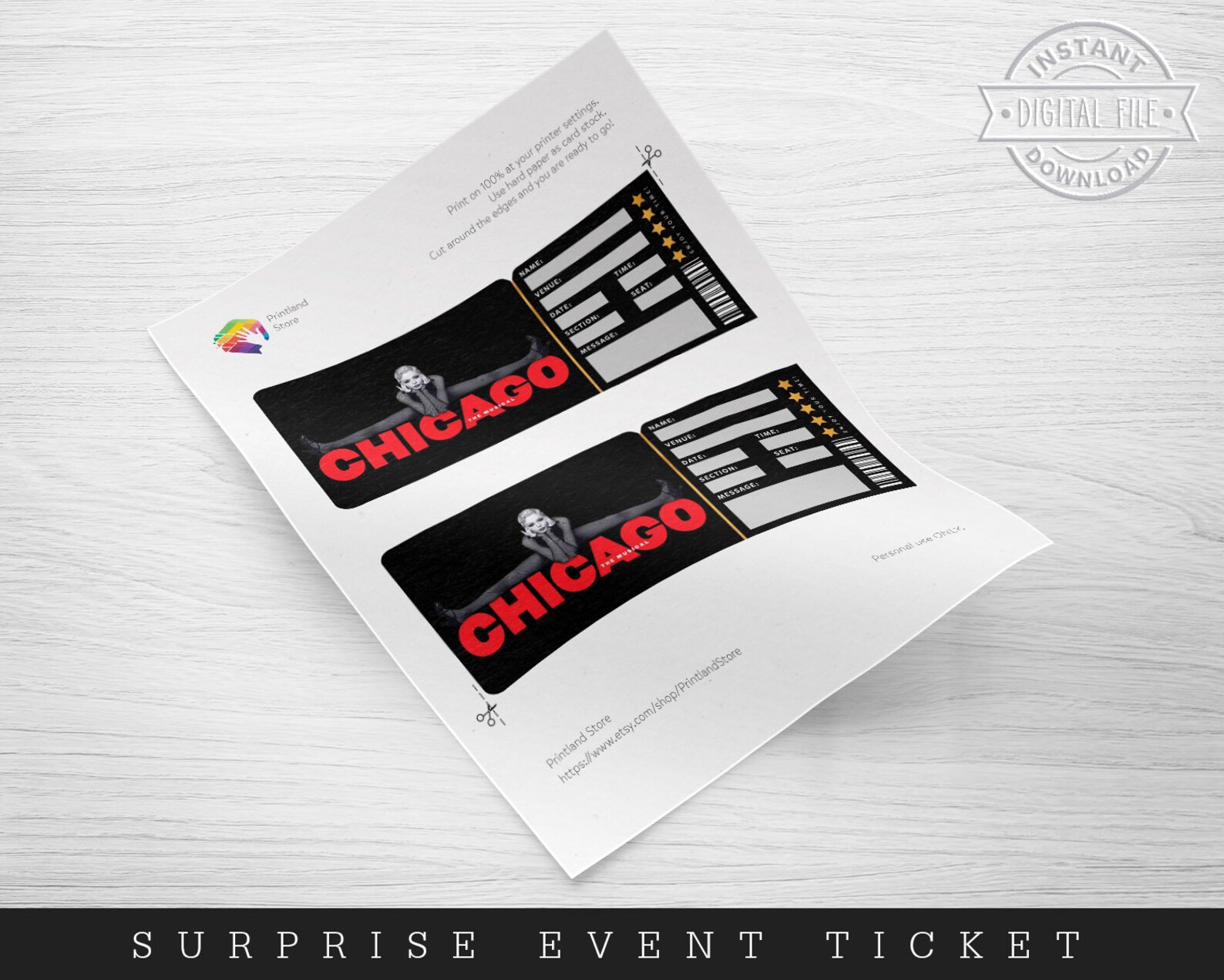 Printable Chicago Broadway Surprise Ticket︱musical Theatre Ticket︱event ...