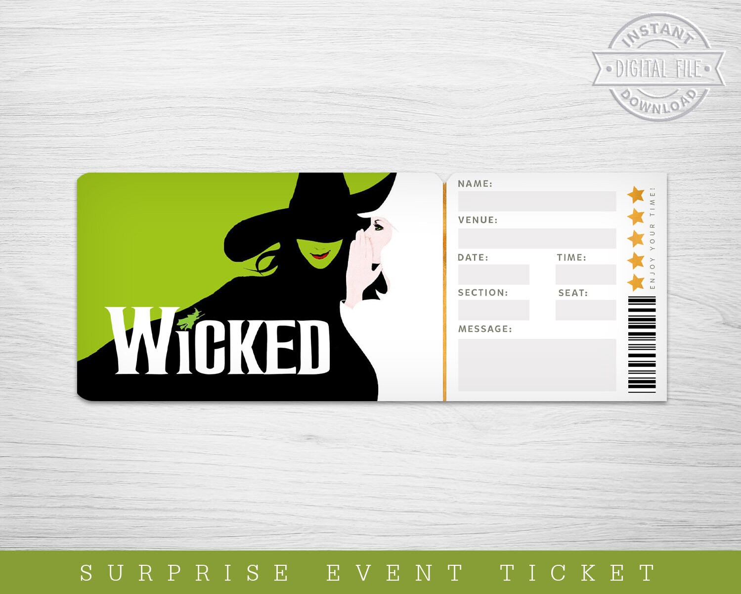Printable Wicked Broadway Surprise Ticket, Wicked Musical Collectible Theater Ticket, Editable ...