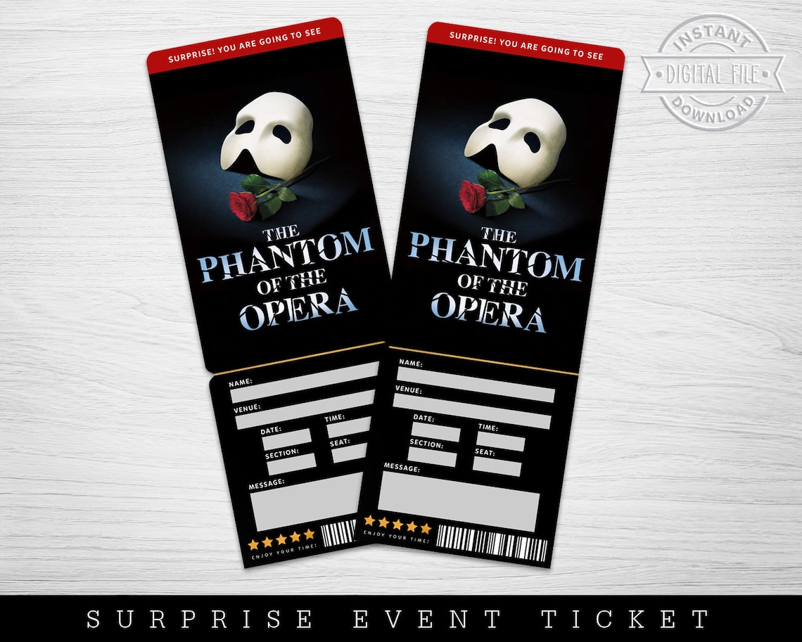 Printable Phantom of the Opera Broadway Surprise Ticket, Musical Collectible Theater Ticket ...