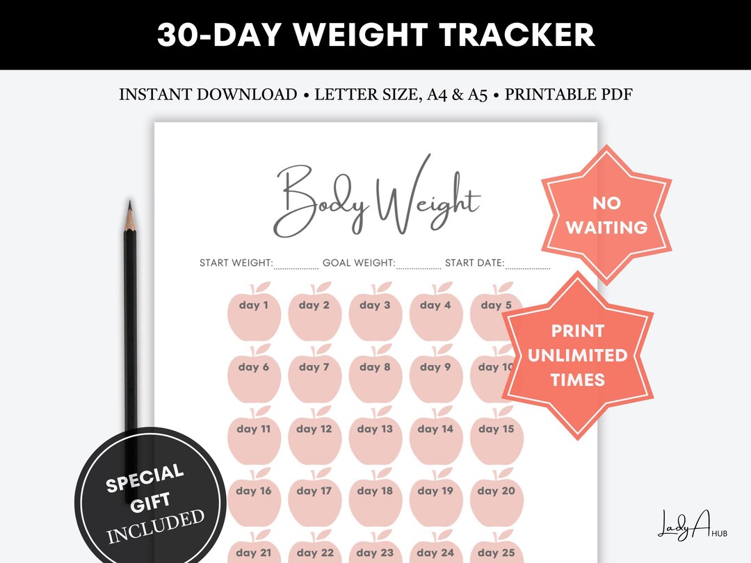 Weight Loss Tracker, 30-day Challenge, Body Weight Tracker, Monthly ...