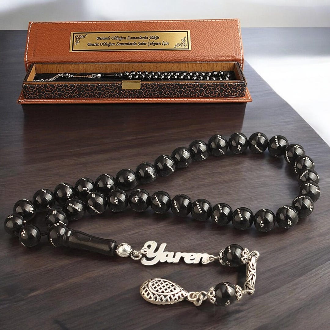 Personalized Silver-tasseled Oltu Prayer Beads With Gift Box | Engraved ...