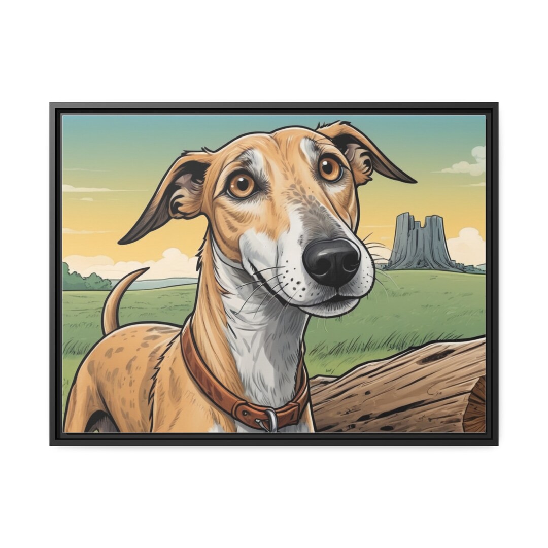 Happy Cartoon Lurcher Dog - Cute Dog Wall Art - Matte Canvas, Black ...