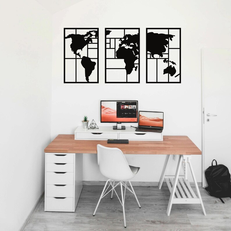 Large World Map 3 Piece Metal Art for Wall Hanging Office and Home ...