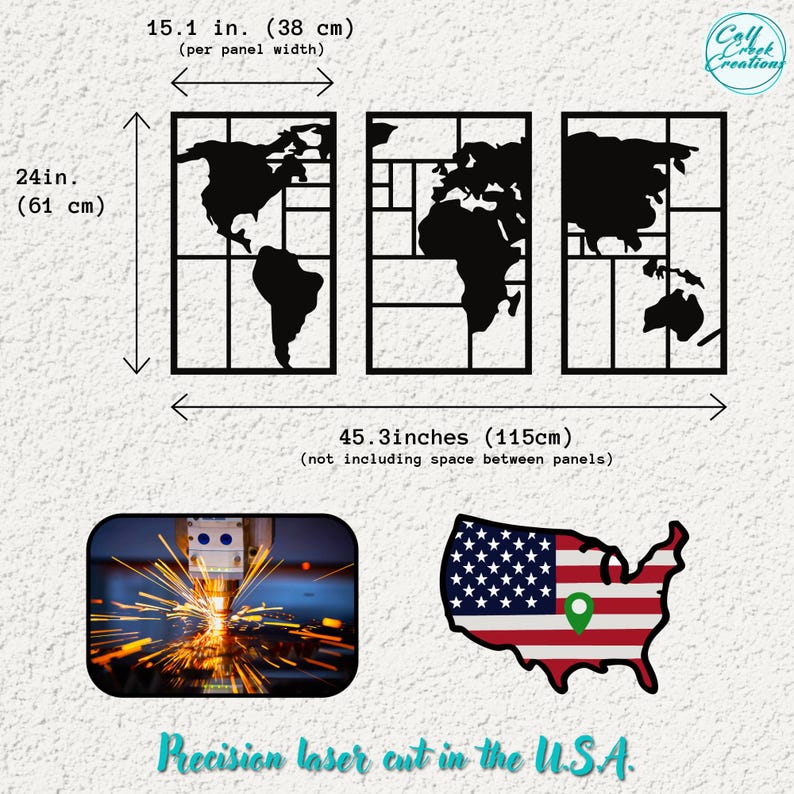 Large World Map 3 Piece Metal Art for Wall Hanging Office and Home ...