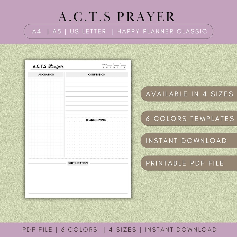 ACTS Prayer Printable Template Prayer Guide Faith Journal Method ACTS Bible Study Daily Devotion ...