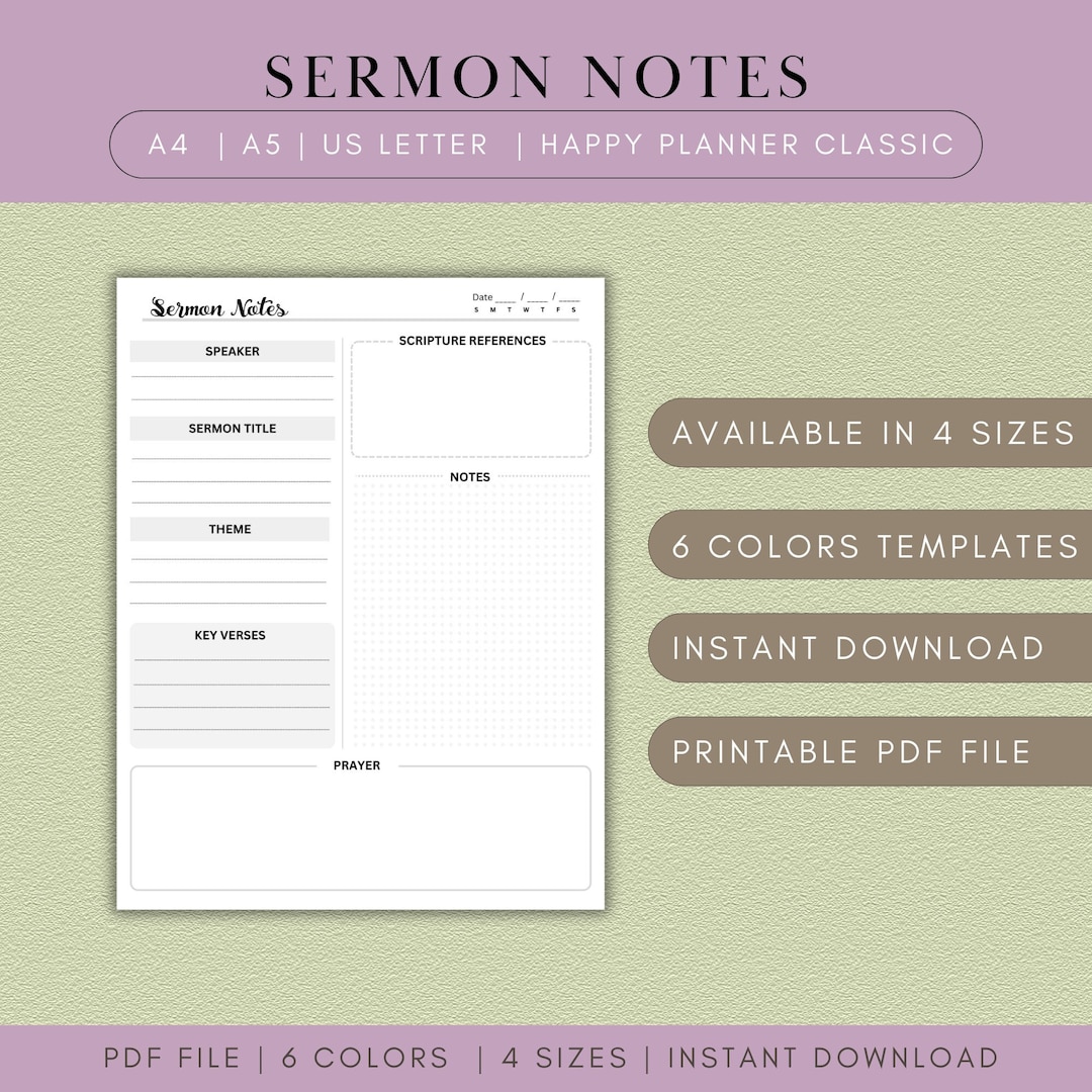 Sermon Notes Printable Template Christian Journal Religious Planner ...