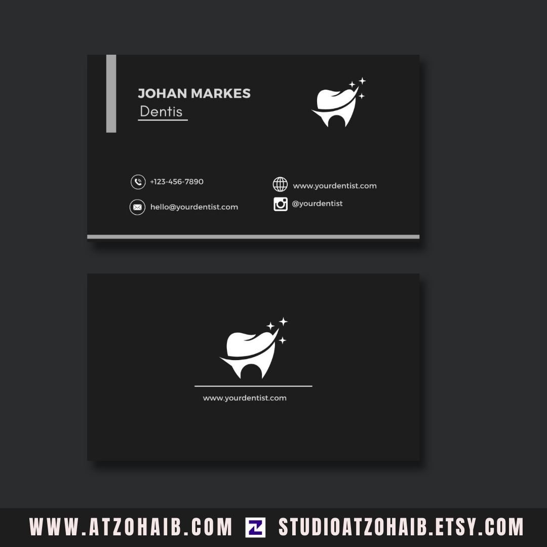 Modern Dentist Black and White Business Card Template Canva Editable ...