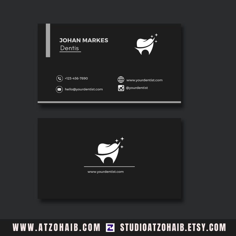 Modern Dentist Black and White Business Card Template Canva Editable ...