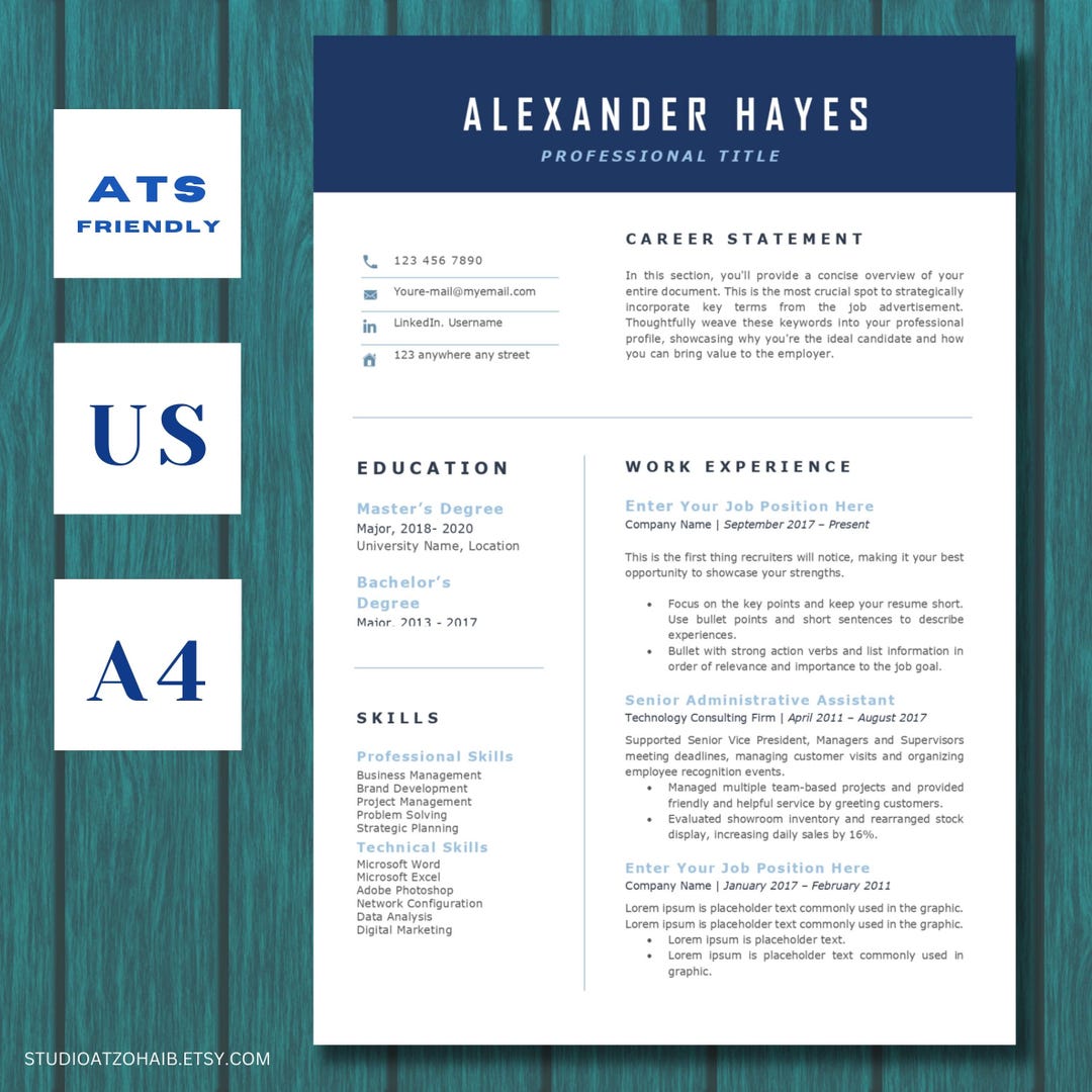 Word ATS Resume Editable Template Simple Professional Design for ...