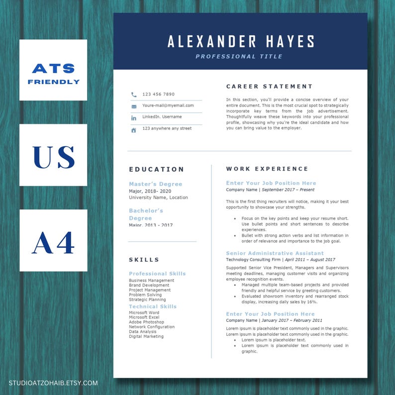 Word ATS Resume Editable Template Simple Professional Design for ...