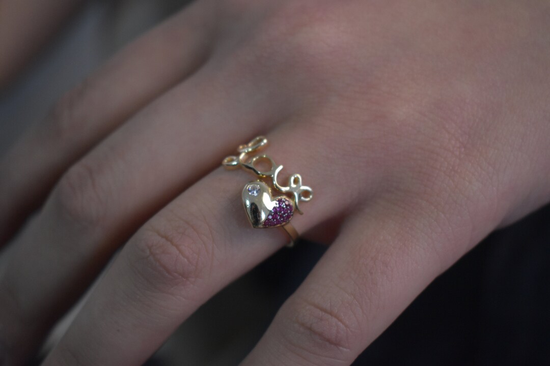 14k Solid Gold Love Ring, Dainty Script Love Ring, Love Word Ring, Gift ...