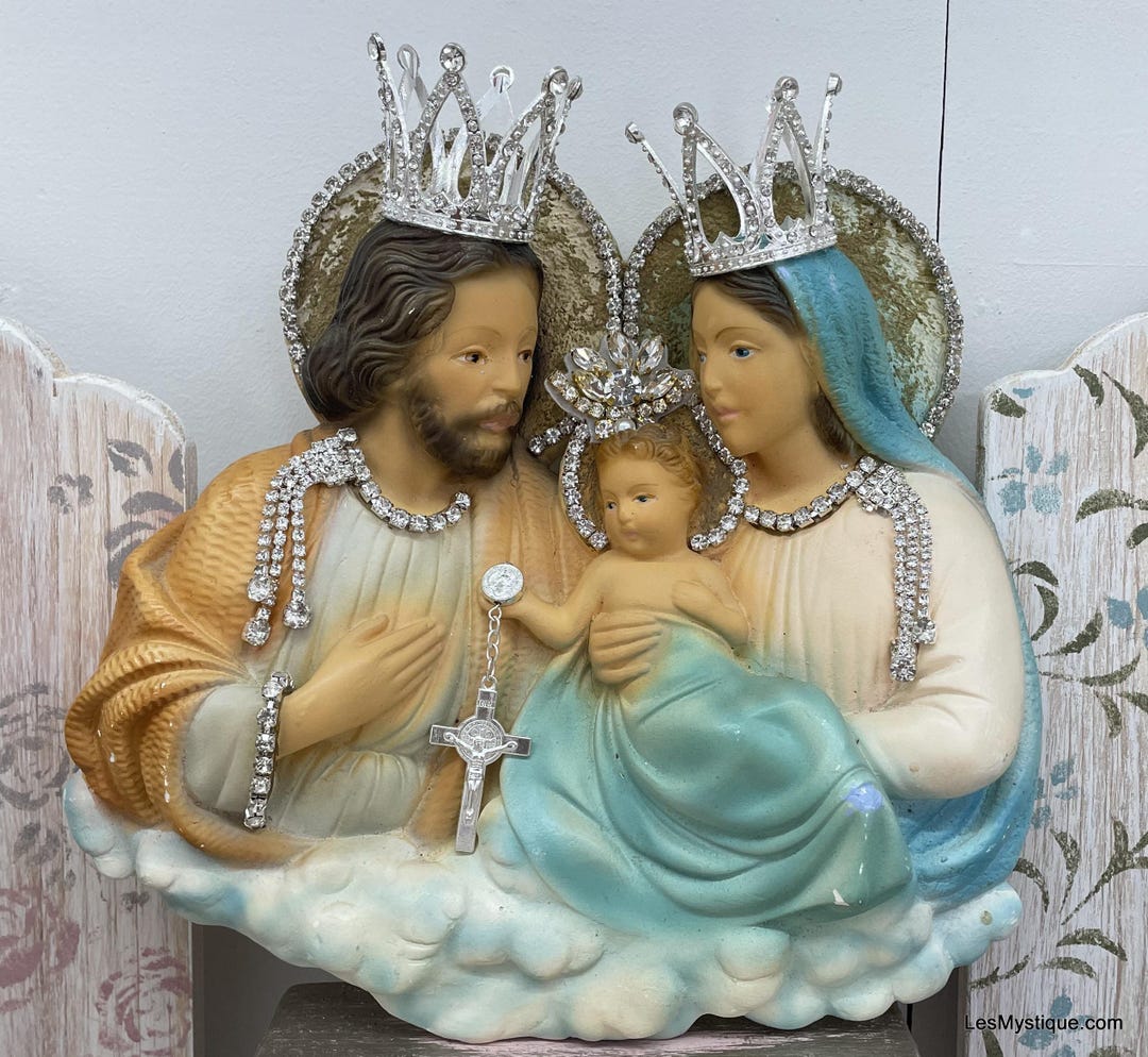 Shabby Rhinestone Crowned Holy Family Statue Vintage Chalkware Nativity ...