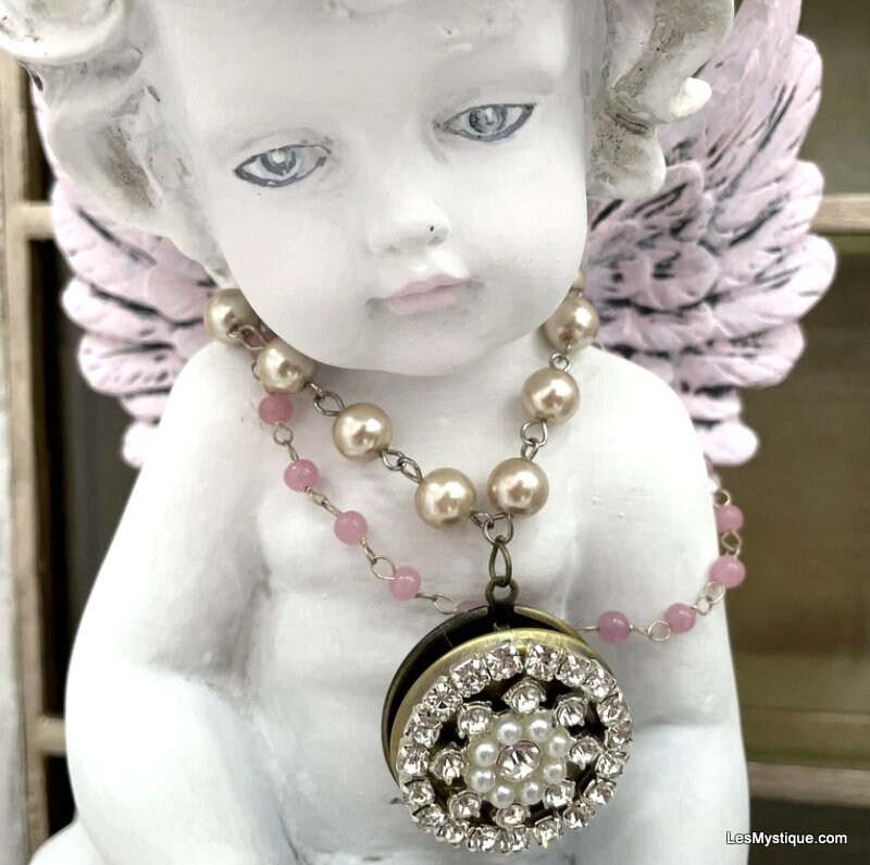 Crowned Cherub & Crowned Rabbit Statue Cherub Pink Wings LOCKET ...
