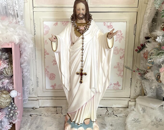 28" Vintage Crowned Jesus Statue Rhinestone Crown Cross Glass Pearl ...