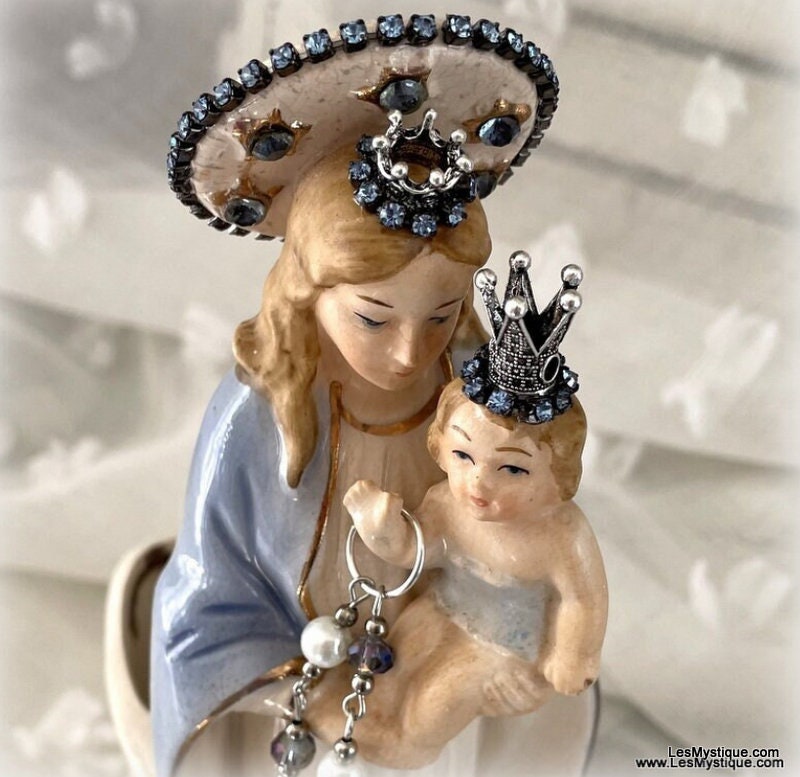 Vintage Crowned Madonna and Child Statue Rhinestone Crown Virgin Mary ...