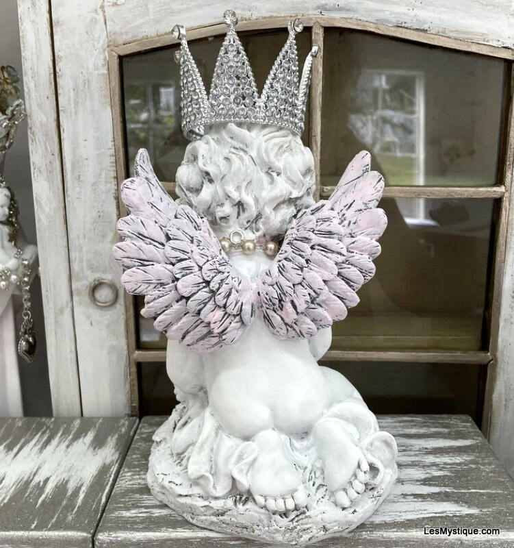 Crowned Cherub & Crowned Rabbit Statue Cherub Pink Wings LOCKET ...