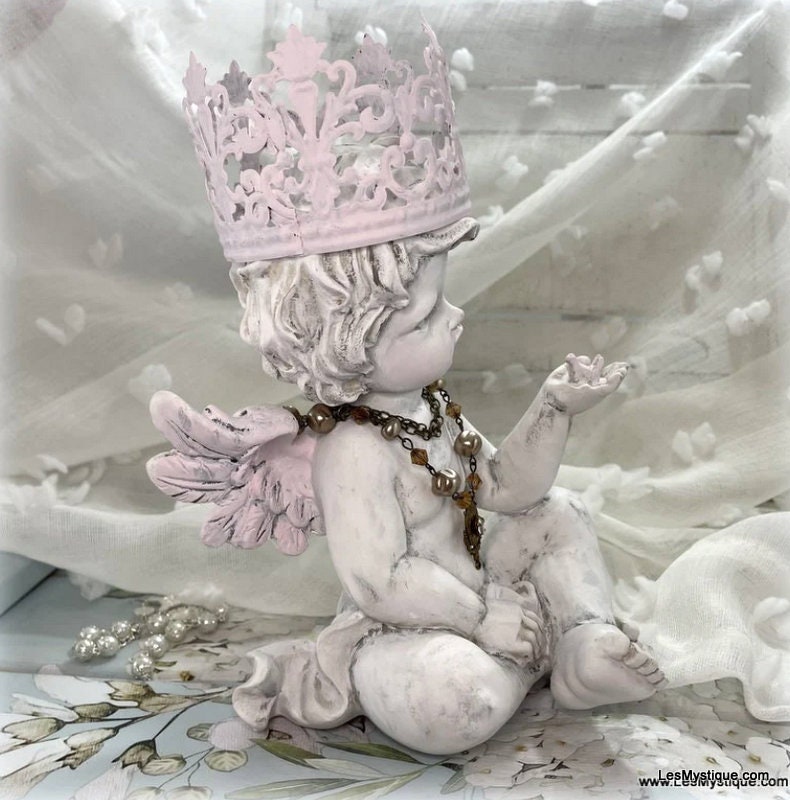 SHABBY Crowned Cherub Statue With Bird Pink Wings Pink Crown Cherub ...