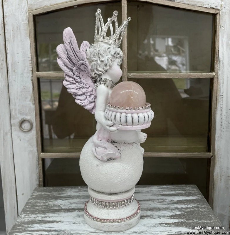 JEWELED Cherub Statue ROSE QUARTZ Sphere Necklace Love Angel Pink ...