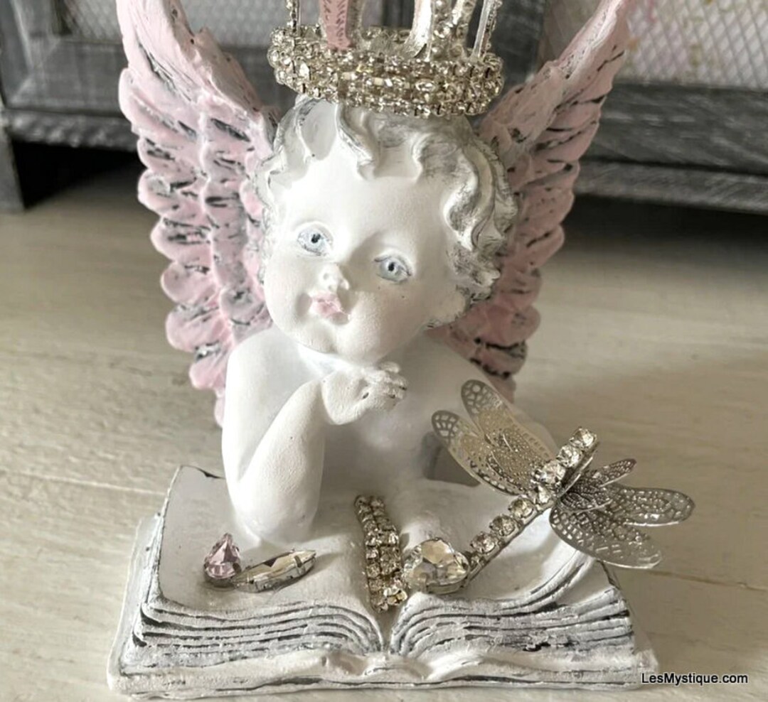Shabby Cherub Statue DRAGONFLY Rhinestone Crown Feather Books Angel ...