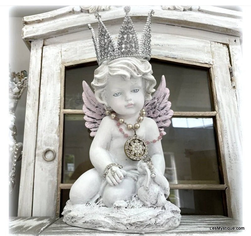 Crowned Cherub & Crowned Rabbit Statue Cherub Pink Wings LOCKET ...