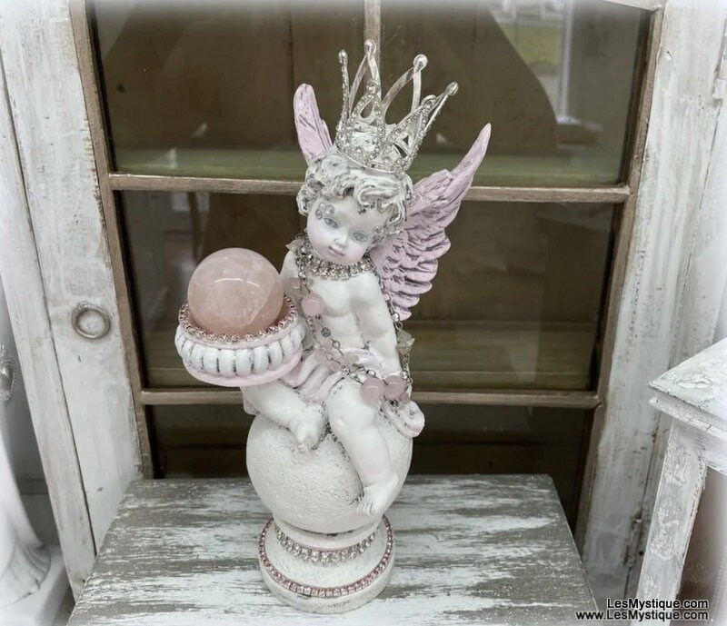 JEWELED Cherub Statue ROSE QUARTZ Sphere Necklace Love Angel Pink ...