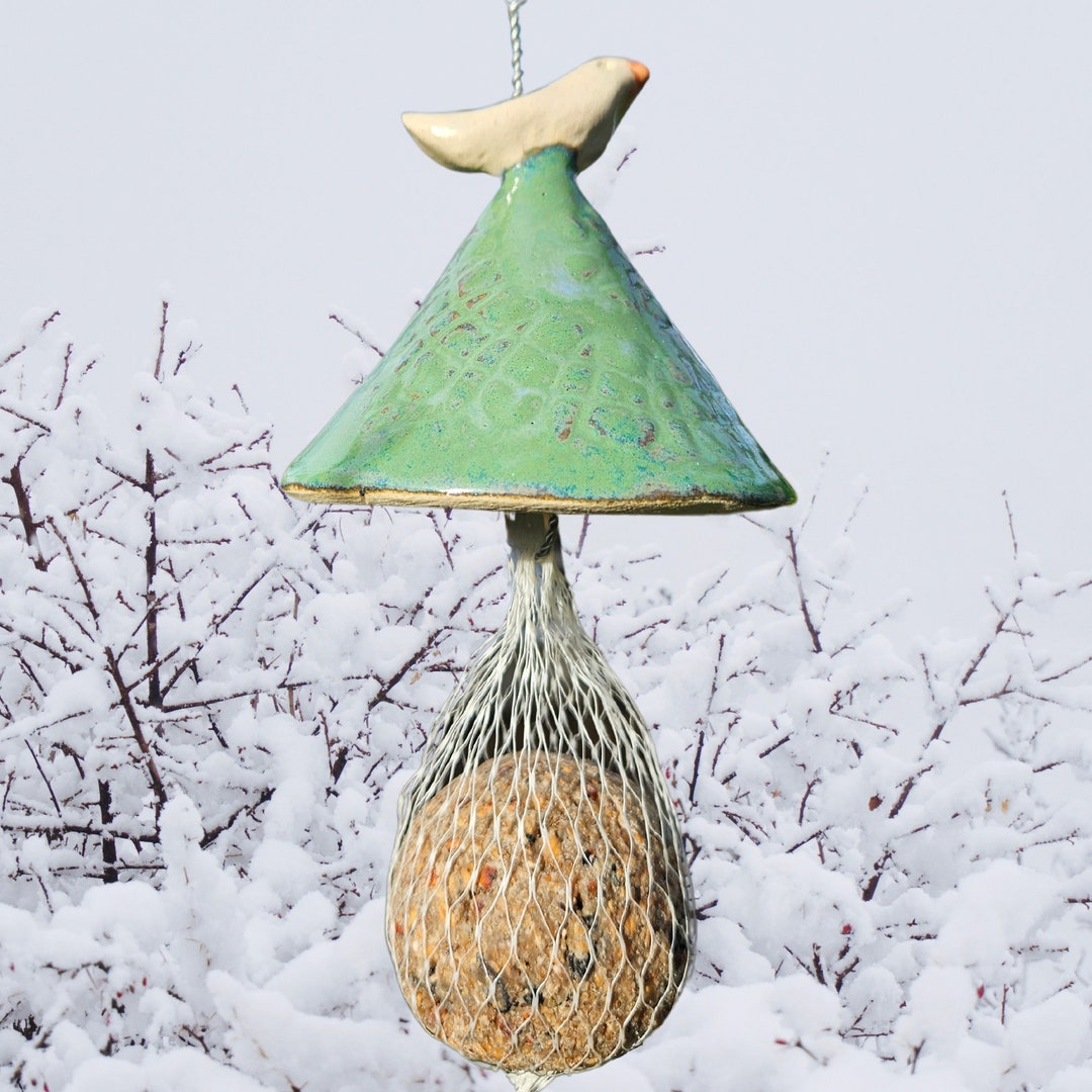 Fat Ball Holder With Roof Made of Ceramic, Green, Weatherproof, Bird ...