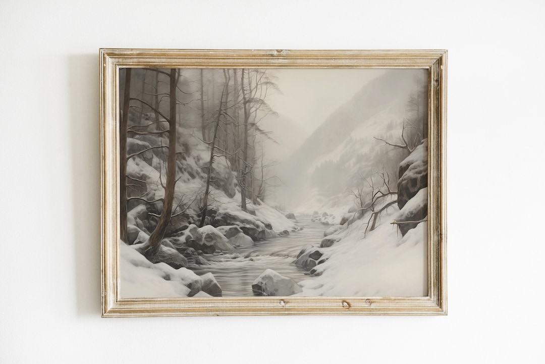 Pencil Drawn Snowy Mountain Stream Landscape | Winter Stream Art Print | Minimalist Study Decor ...