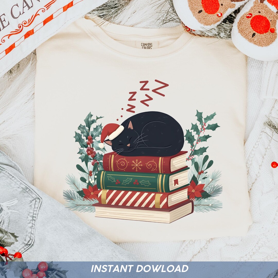 Christmas Cat, Books Floral PNG, Book Lover Png, Holiday Clipart ...