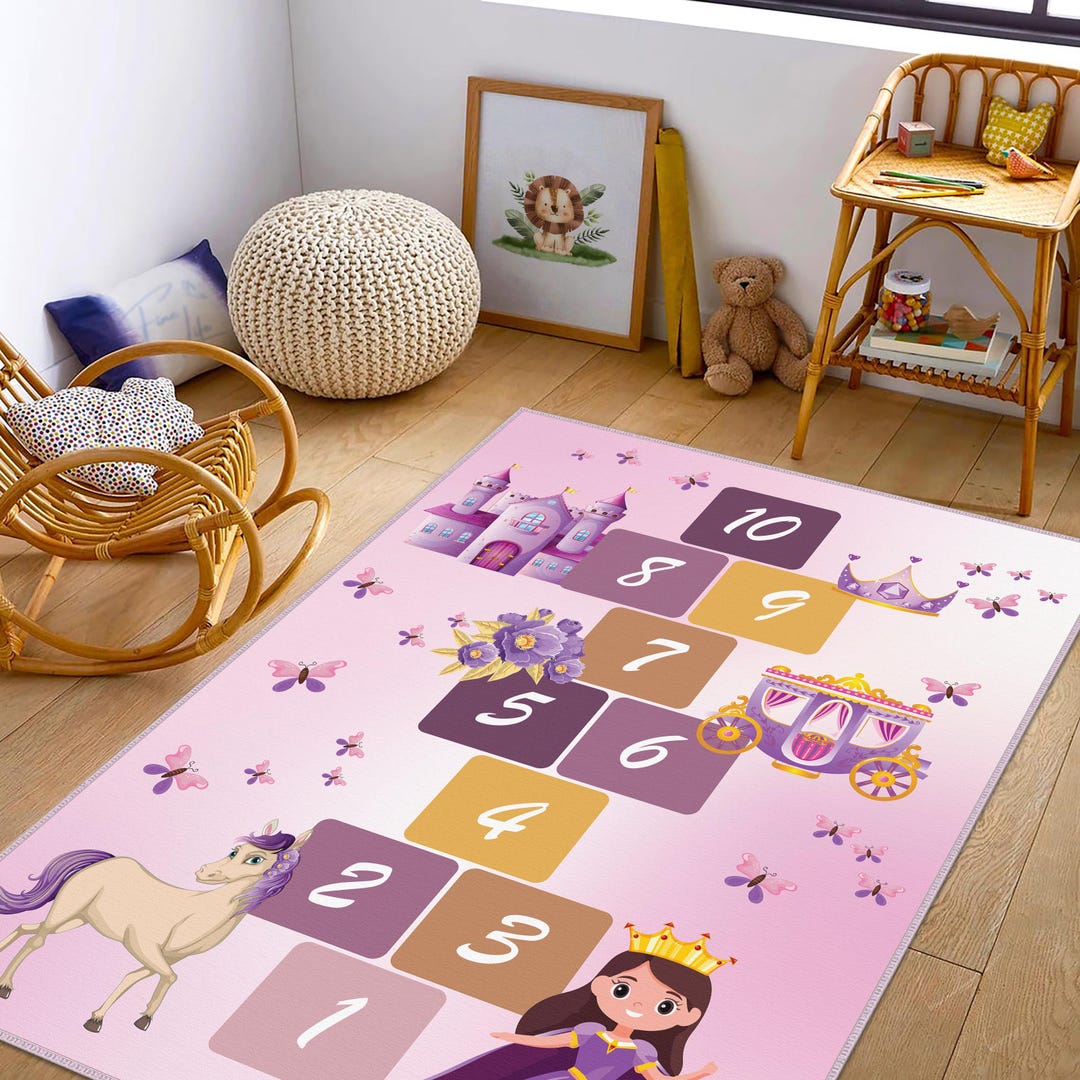 Princess Hopscotch Game Mat for Kids, Pink Unicorn Kids Carpet, Castle ...