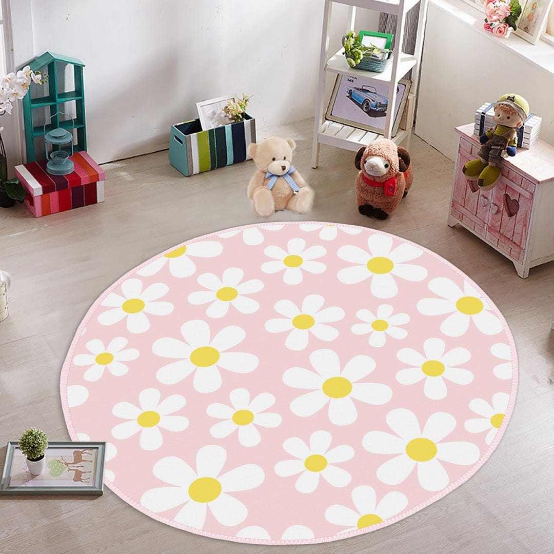 Daisy Kids Rug, White Daisy Rug, Flower Rug,pink Living Room Rug,floral ...