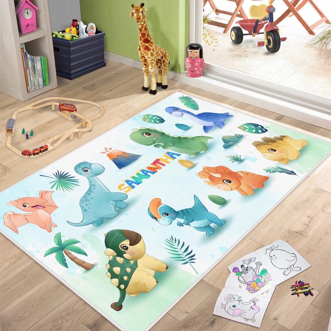 Cute Dino Rug,dinosaurs Themed Kid's Room Rug,cute Dino Nursery Playmat ...