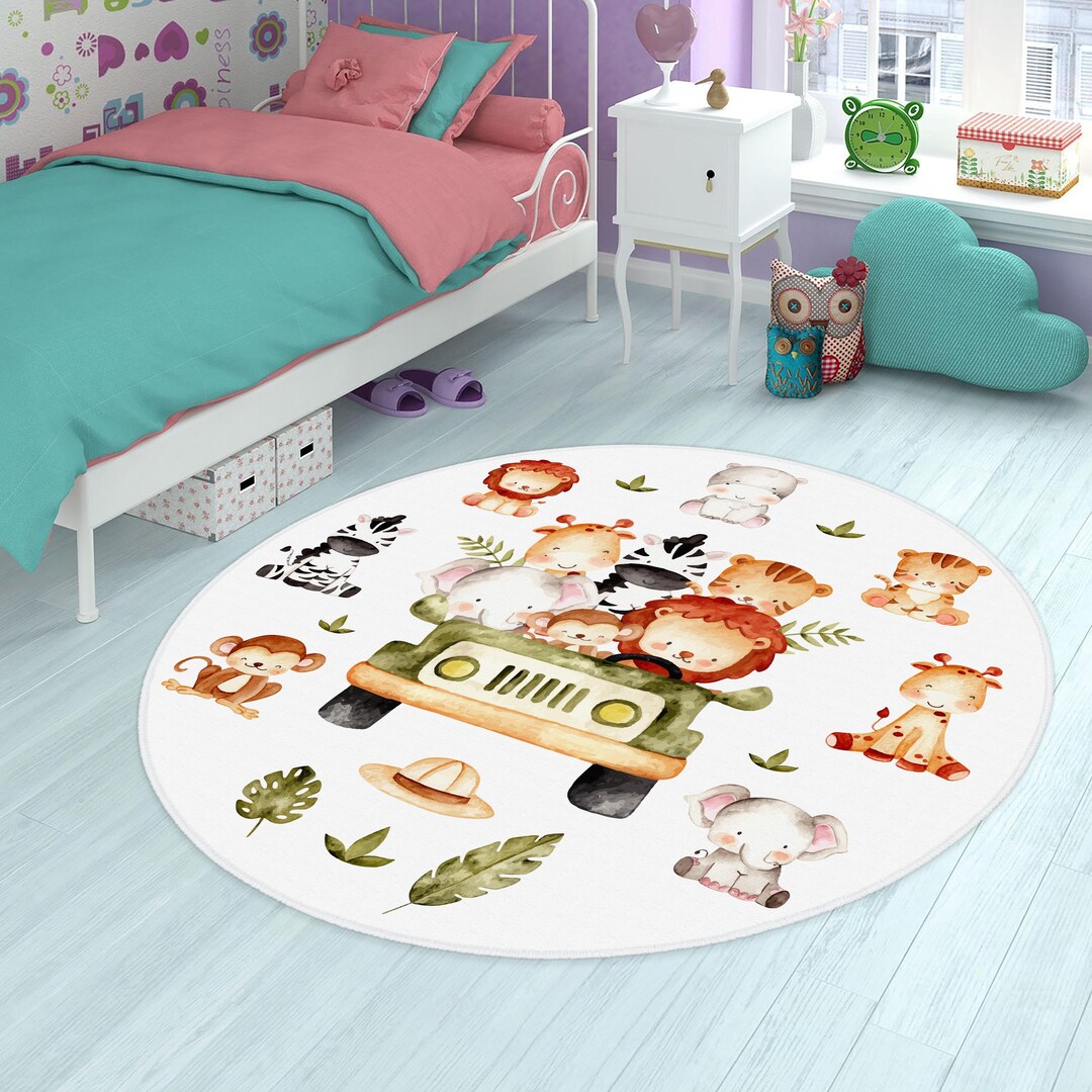 Safari Animals Kids Rug,lion Kids Round Rug,baby Showergift,baby Boy ...
