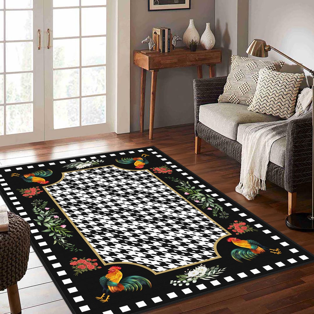 Rooster Rug,checkered Rug,rooster Area Rug,rooster and Flower Rug,black ...