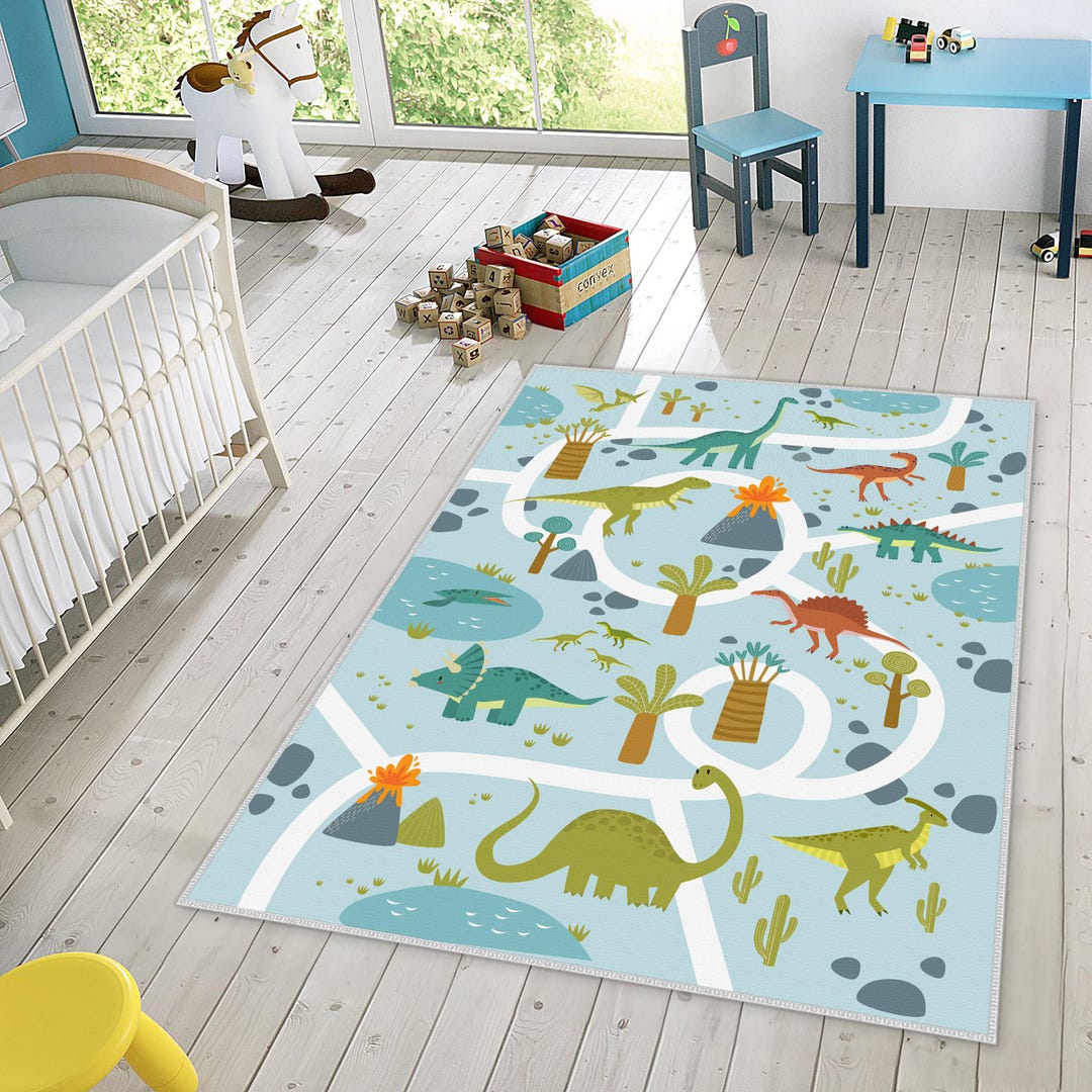 Dinosaur Kids Rug,dinosaur Decor,dinosaur Rug,blue Dino Rug,dinosaur ...