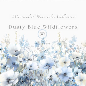Pale Blue Flowers Watercolor Clipart Bundle Dusty Blue Floral Clipart ...
