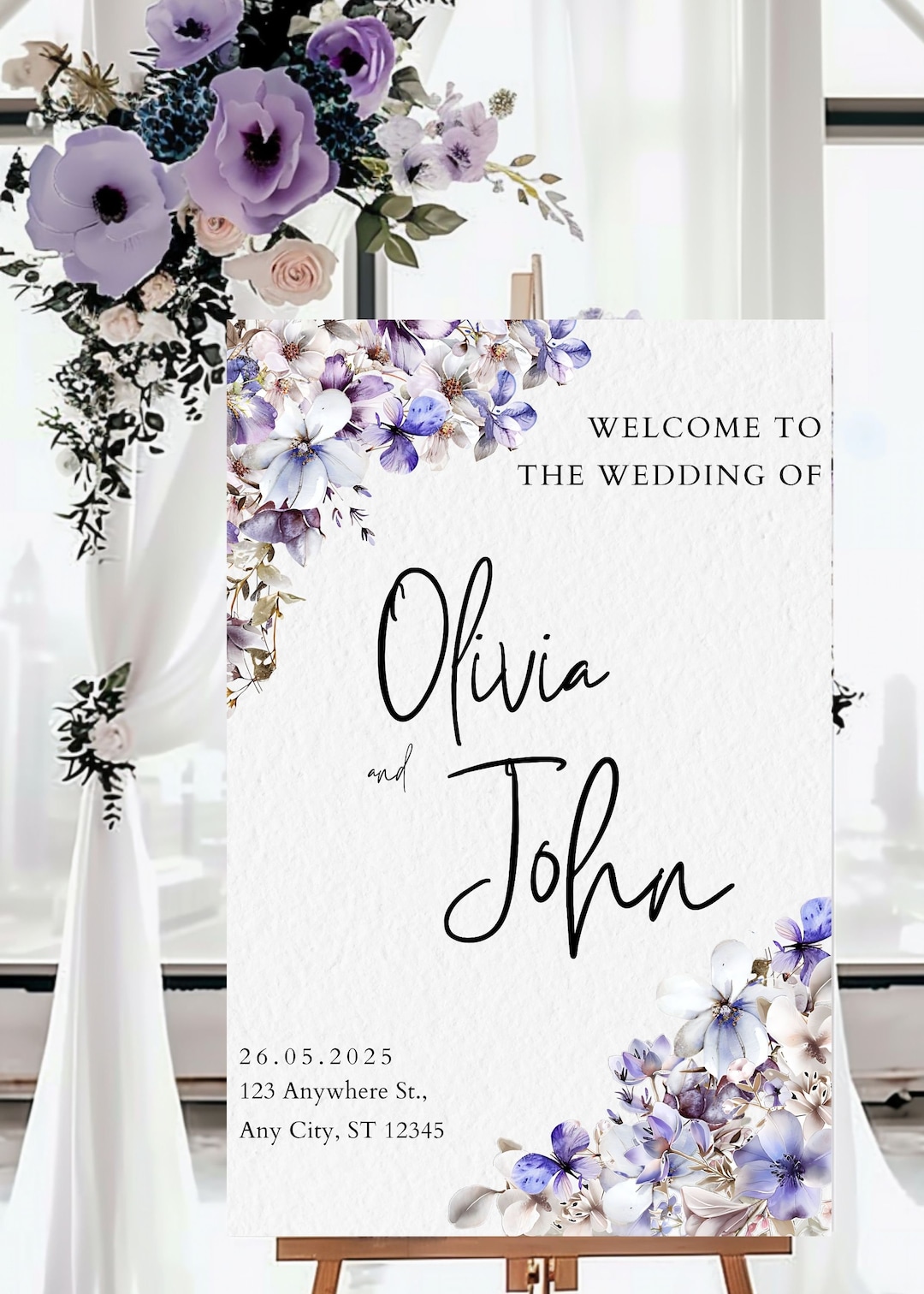 Custom Violet Wedding Board Sign With Wild Flowers, Purple Wedding ...