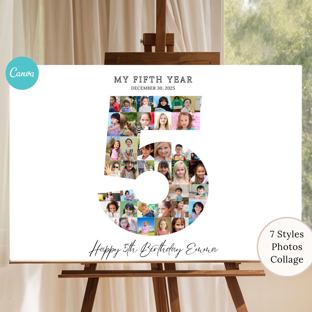 5th Birthday Photo Collage Template | Editable Number 5 Birthday Sign ...