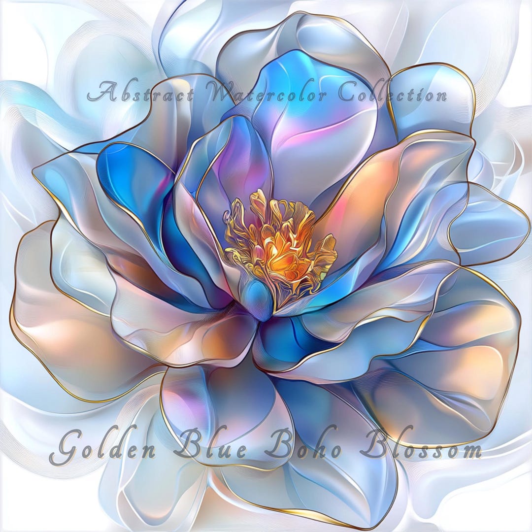 Golden Blue Abstract Flowers Clipart Modern Abstract Watercolor Glowing ...