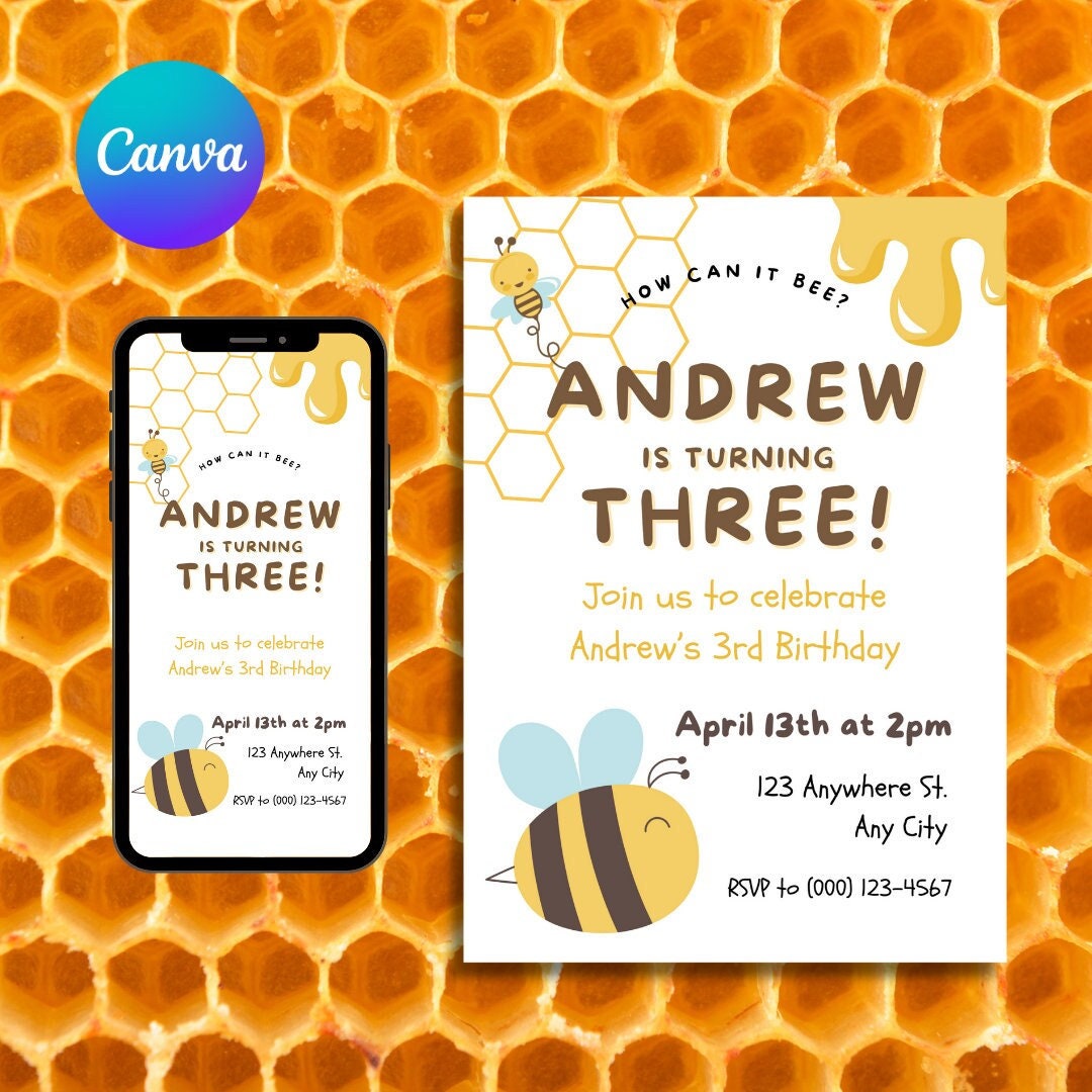 Bee Themed 3rd Birthday Party Invitation, Bee Birthday Party, Third ...