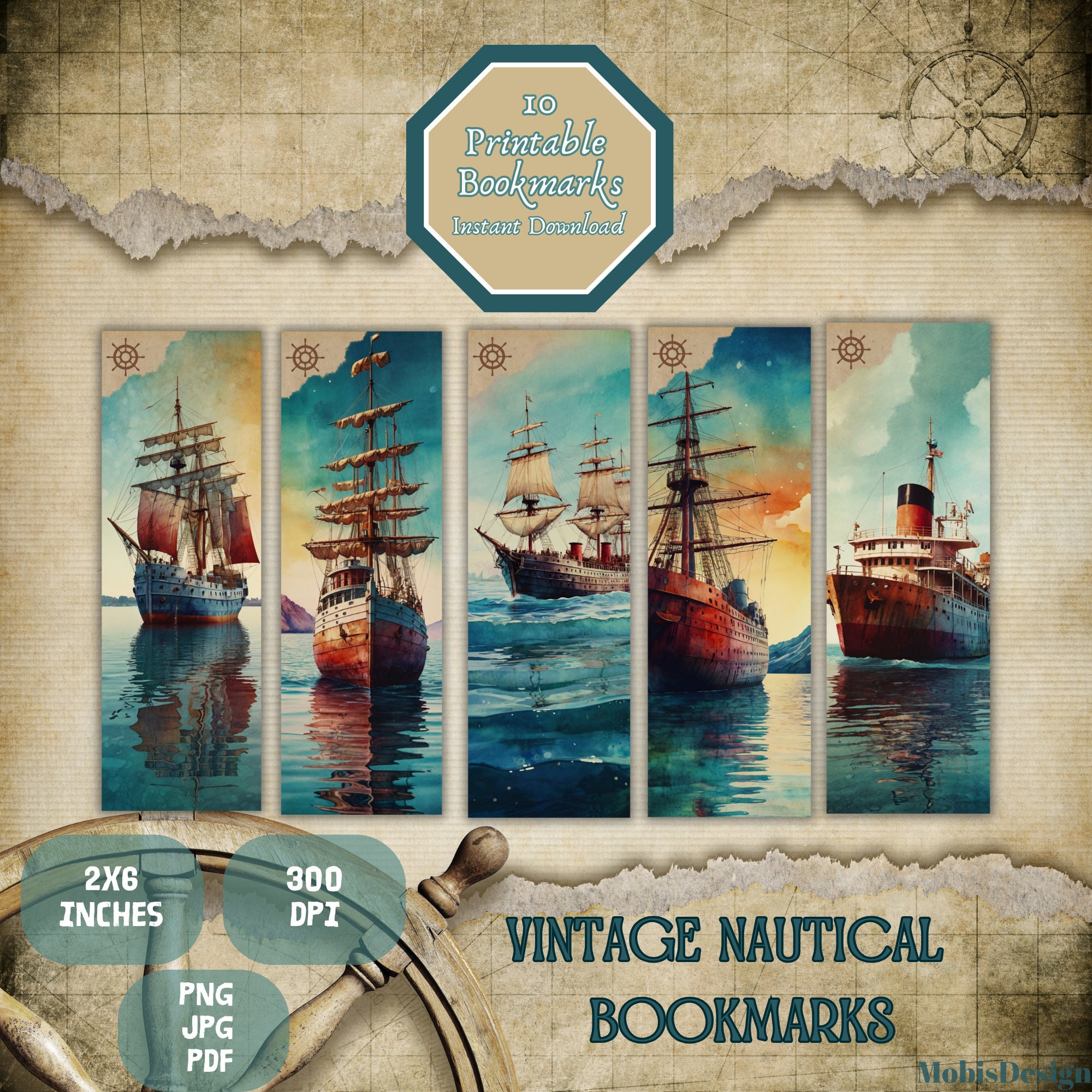 10 Vintage Nautical Bookmarks ship Bookmarks Digital Download JPG ...