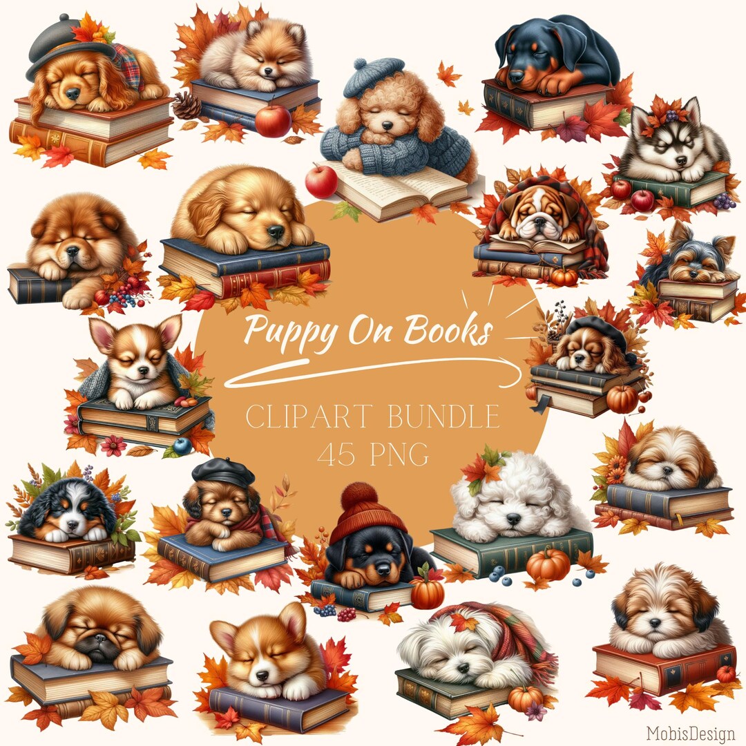 Watercolor Sleepy Puppy on Books Clipart Png Autumn Reading Clipart ...