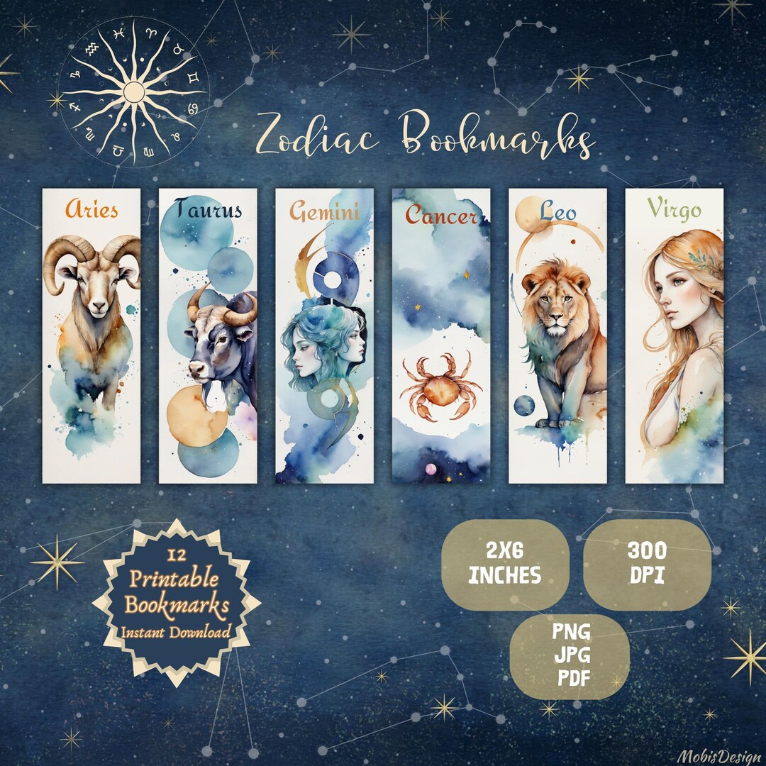 Zodiac Bookmarks Celestial Junk Journal Digital Download JPG Bookmark ...