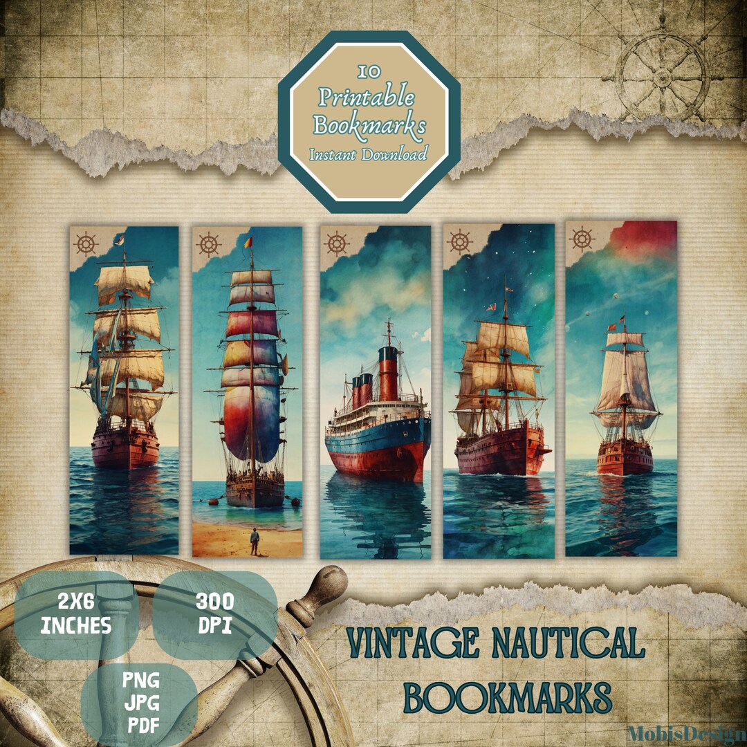 10 Vintage Nautical Bookmarks ship Bookmarks Digital Download JPG ...
