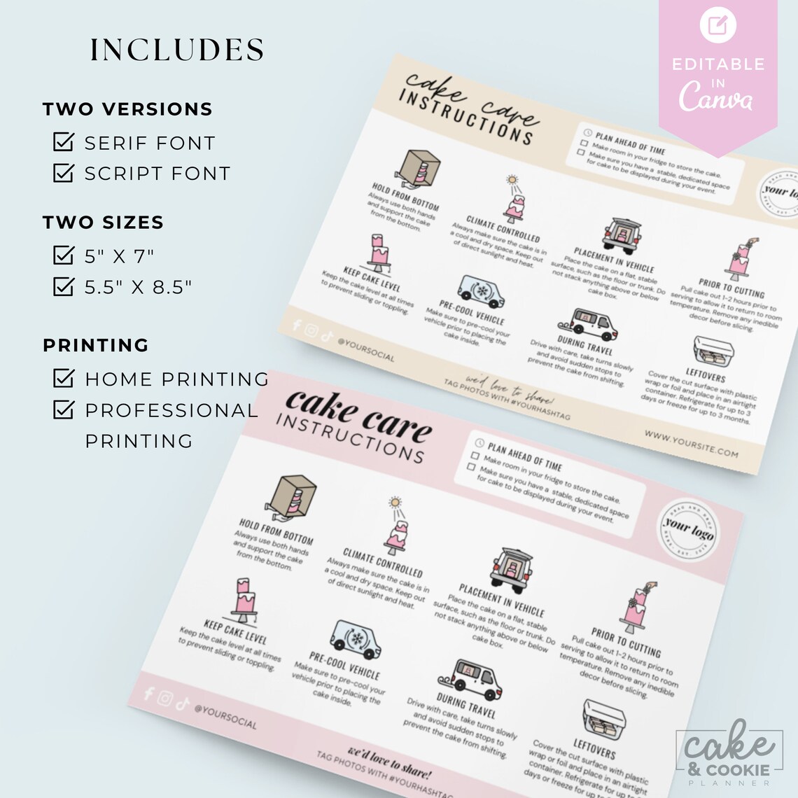 Editable Cake Care Card Template, Bakery Care Card, Canva Template ...