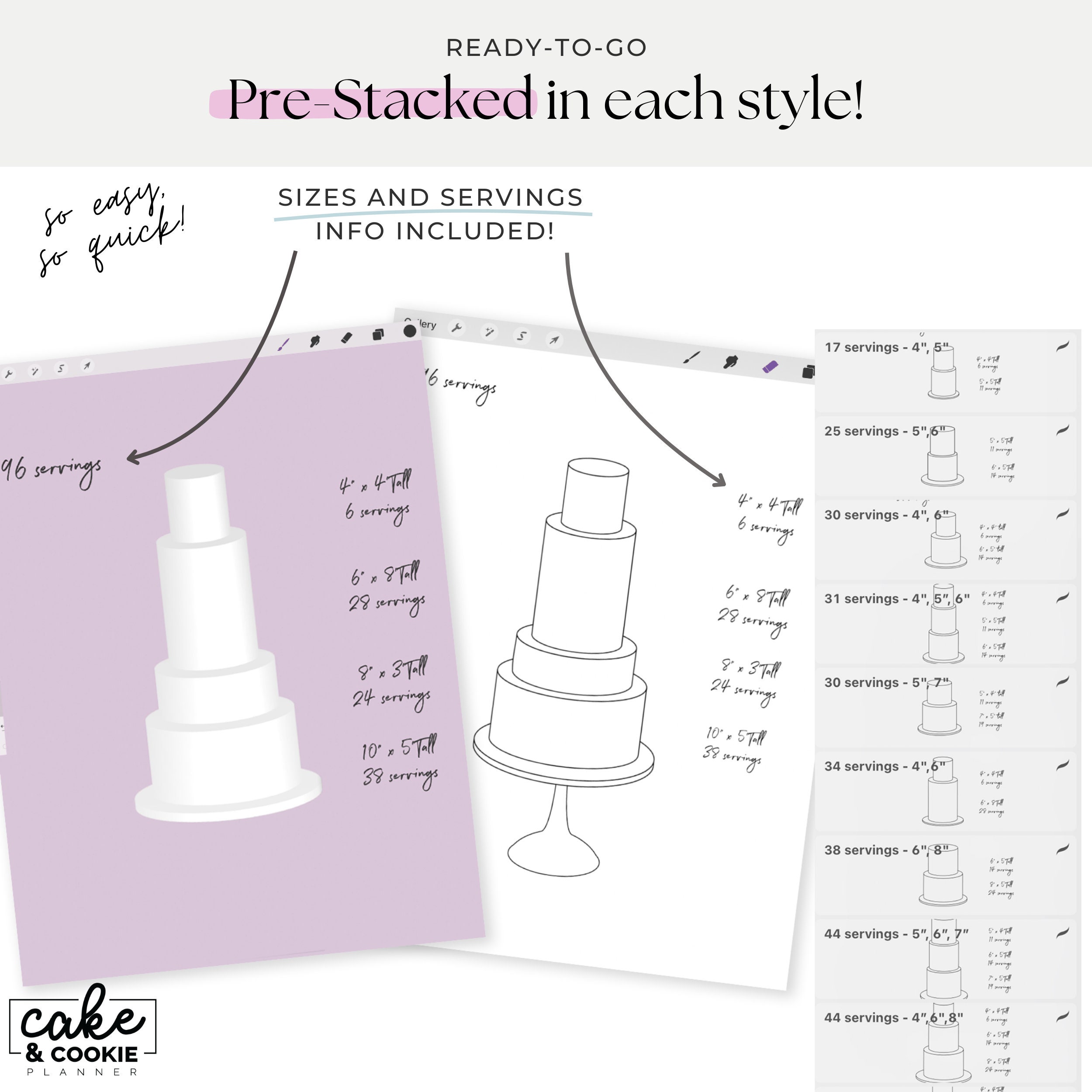 Round Tiers Cake Sketching PROCREATE Stamps, Digital Cake Design, Baker ...